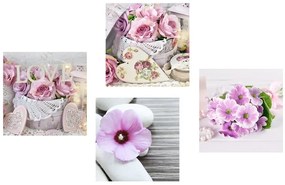 Set obrazů romantické květiny s nápisem Love