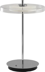 Ocelová LED stolní lampa s USB portem ve stříbrné barvě se skleněným stínidlem (výška 31 cm) Asteria Move – UMAGE