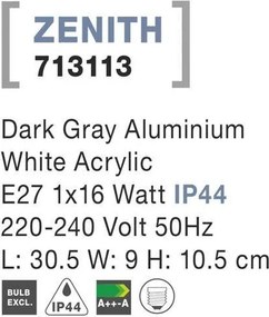 NV 713113 Venkovní nástěnné svítidlo ZENITH tmavě šedý hliník bílý akrylový difuzor E27 1x12W 220-240V bez žárovky IP44 - NOVA LUCE