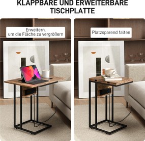 HOMCOM Skládací příruční stolek, nabíjecí stanice s USB porty, kov, 39 x 29 x 57 cm, hnědá