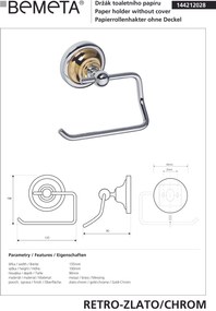 Bemeta Design RETRO gold-chrom: Držák toaletního papíru, bez krytu -