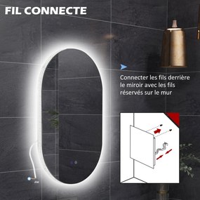 kleankin oválné osvětlené LED nástěnné zrcadlo do koupelny 81 x 51 cm, 3 barvy, nastavitelná jasnost, dotykový spínač, průhledné