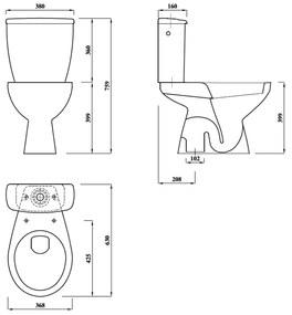 Aqualine, MIGUEL WC kombi mísa s nádržkou včetně splachovací soupravy, spodní odpad, LC2258