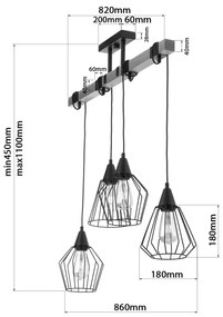 Light for home - Závěsné svítidlo na lankách 20411 "CAMEROON", 4x60W, E27, černá, přírodní olše