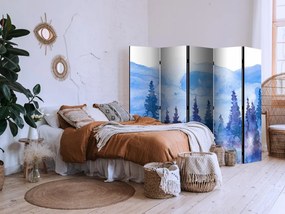 Pokojová zástěna Watercolor Landscape - Cobalt Forest of Christmas Trees on the Background of Mountain Peaks II [Room Dividers]