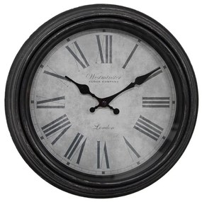 Hnědo-šedé nástěnné hodiny s patinou a nápisem Westminster Clock Company – 29x5 cm