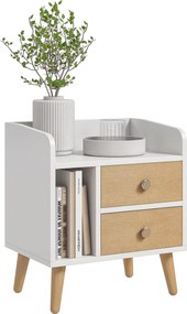 HOMCOM Noční stolek s 2 velkými šuplíky a 1 otevřenou policí a vyvýšenými borovicovými nohami v nordickém designu pro obývací pokoj a ložnici 43x30x49