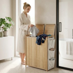 HOMCOM 120 l bambusový koš na prádlo s víkem, 2 přihrádky, snímatelné vaky se šňůrkou, boční kapsy, 63 × 33 × 78 cm, přírodní