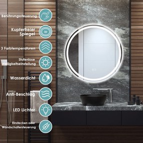 Costway Koupelnové zrcadlo Round LED zrcadlo pro montáž na stěnu 3000 K-6000 K Ø