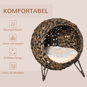 PawHut ratanový pelíšek pro kočky s polštářem na vyvýšených nožkách pro kočky hnědý Ø52x58cm | Aosom