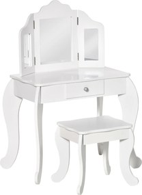 HOMCOM Dětský toaletní stolek s taburetem, triptychem zrcadel a posuvným zásuvkou - Rozměry toaletního stolku 63D x 40Š x 85,5V cm - Bílý akryl