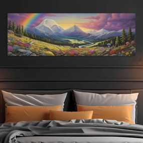 Obraz na plátně - Jehličnaté lesy a hory s duhou FeelHappy.cz Velikost obrazu: 120 x 40 cm