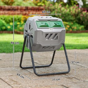 Bubnový kompostér Outsunny 160 l s možností otáčení a 2 přihrádkami na organický odpad, účinný a robustní, zahradní kompostér v šedé barvě | Aosom.de