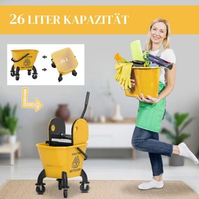 HOMCOM pojízdný kýbl na mop, kyblík na vytírání s ždímačkou a mopem, 26 litrů, žlutý