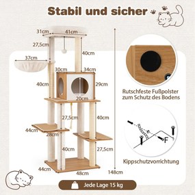 Costway 148 cm Vysoké moderní škrabadlo se sisalovým škrabadlem a jeskyně