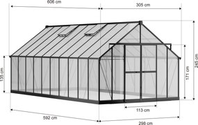 Skleník 245 x 305 x 606 cm, zesílená konstrukce, polykarbonát 6 mm