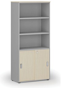 Kombinovaná kancelářská skříň PRIMO GRAY, zasouvací dveře na 2 patra, 800 x 420 x 1781 mm, šedá/bříza