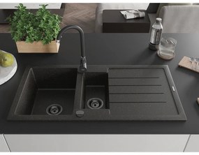 Mexen Andres, granitový dřez 1000x500x200 mm, 1,5-komorový, černá se zlatou metalízou a černým sifonem, 6515101510-75-B