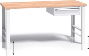 Výškově nastavitelný pracovní stůl do dílny G3 se závěsným boxem na nářadí, buková spárovka, 1 zásuvka, 1500 x 685 x 840 - 1050 mm, šedá