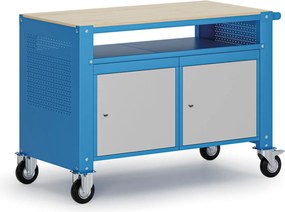 Pojízdný dílenský stůl G9, 1 police, 2 skříňky, 1180 x 595 x 865-1130 mm, šedá/modrá