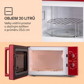 Klarstein Caroline, mikrovlnná trouba, 20 l, 700/1000 W, Ø 25.5 cm, QuickSelect, retro, červená