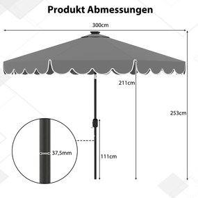 Costway Slunečník 300 cm s LED osvětlením, s klikou a volánem, lze ohnout o 35°