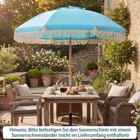 Costway Boho slunečník lze ohnout o 30° na obě strany 170 cm s třásněmi, modrý
