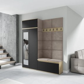 Eka Předsíňová stěna s čalouněnými panely Trinity 19 - Dub Artisan s černou / Světlá béžová 2303