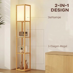 HOMCOM stojací lampa s 3 policemi, stojací svítidlo s objímkou E27, 26 x 160 cm, do obývacího/pokojového prostoru (Bez žárovky)