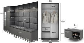 Předsíňová stěna Trinity 9 s čalouněnými panely, 290 cm, grafit/ světle růžová