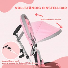 HOMCOM Dětská tříkolka 6 v 1 s tlačnou tyčí, stříškou, páskem, úložným košíkem, pro děti 1-5 let, růžová
