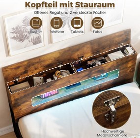Costway Rám postele s LED světly Průmyslová plošina s úložným čelem Rustikálně