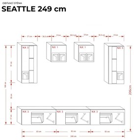 Ral Obývací stěna SEATTLE 1, 249 cm - Černý lesk