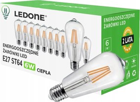 10x Led filamentová žárovka E27 ST64 6W bílá Teplá retro Clear Led sada