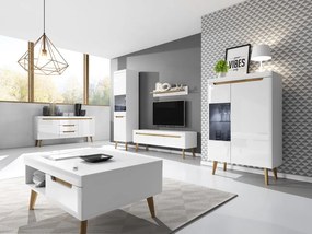 PSK Vitrínová skříň NADIA, Bílá lesk/Dub Riviera 90 cm