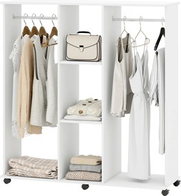 HOMCOM Dvojitá skříň-šatník mobilní úložná skříň 6 koleček 120 x 40 x 128 cm, bílá dřevěná