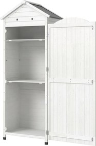 Outsunny vysoká zahradní skříň ze smrku s nastavitelnými policemi, magnetickými dveřmi a pozinkovanou střechou, 85 × 58 × 213 cm — bílá