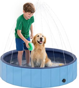 Skládací psí bazén PawHut se sprchou – přenosná vana pro velké psy, PVC, protiskluzová a odolná pro vnitřní i venkovní použití Ø120x30 cm Světle modrá