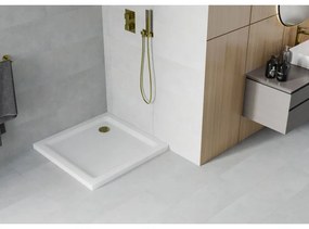 Mexen SLIM - Čtvercová sprchová vanička 100x100x5cm + zlatý sifon, bílá, 40101010G