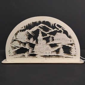 AMADEA Dřevěný svítící portál s motivem vesničky, 39 cm