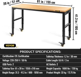 Pracovní stůl Nastavitelná výška, 155 × 51 cm Garážový stůl s výškou 80 – 105 cm