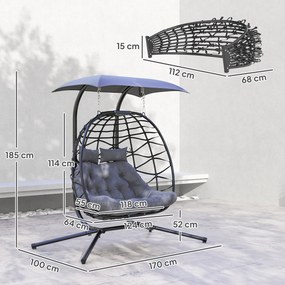 Závěsné křeslo Outsunny s skládacím stojanem a slunečníkem - Poly ratanové křeslo pro 2 osoby do exteriéru s kapacitou 260 kg