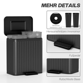 Kuchyňský odpadkový koš, 2 přihrádky po 20 l, efektivní třídění odpadu, nožní pedál, plast, kov, černý