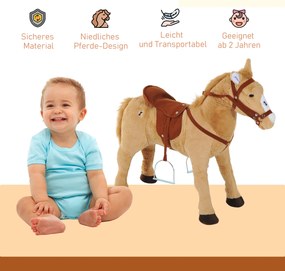 HOMCOM houpací kůň, jezdecký koník k jízdě, stojací kůň se sedlem, se zvukem, s třmeny, plyšový kůň pro děti od 2 let, béžový