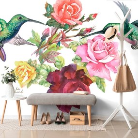 Samolepící tapeta kolibříky s květinami - 300x200 cm