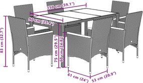 7dílný zahradní jídelní set s poduškami šedý polyratan a sklo 3278654