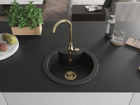 Mexen Diego, granitový dřez 488x488x167 mm, 1-komorový, černá se zlatým sifonem, 6512481000-77-G