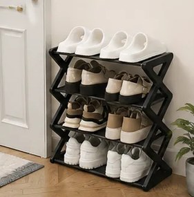 botník, 4 patra, tvrzený plast/netkaná textilie, 50x40x19 cm, černá, Dekorino BB20260005