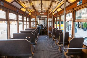 DIMEX | Samolepicí vliesová fototapeta na zeď Interiér staré tramvaje MA-5-2883 | 375 x 250 cm | žlutá, hnědá, šedá