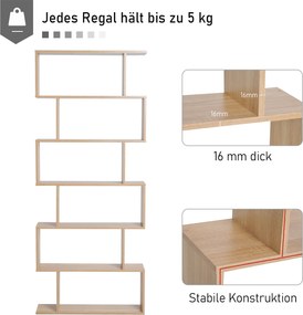 HOMCOM Knižní polička Zigzag v moderním designu 80Š x 23H x 192V cm, 6 úrovní, barva světlého dubu